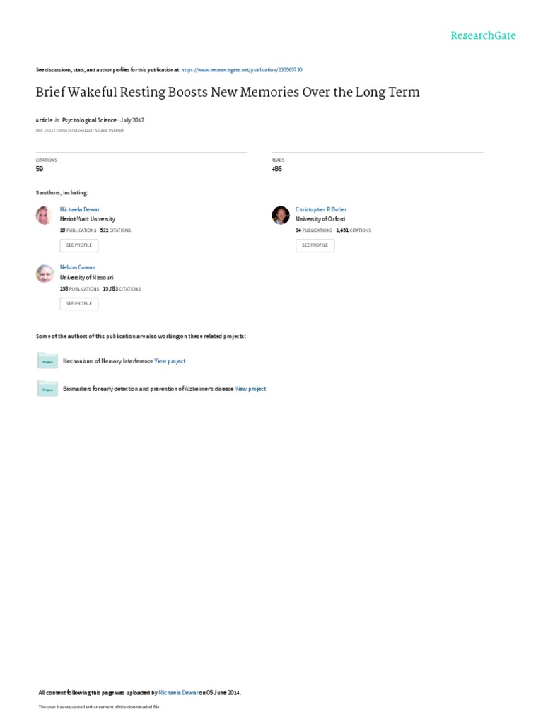 Brief Wakeful Resting Boosts New Memories Over The Long TermDewaretal ...