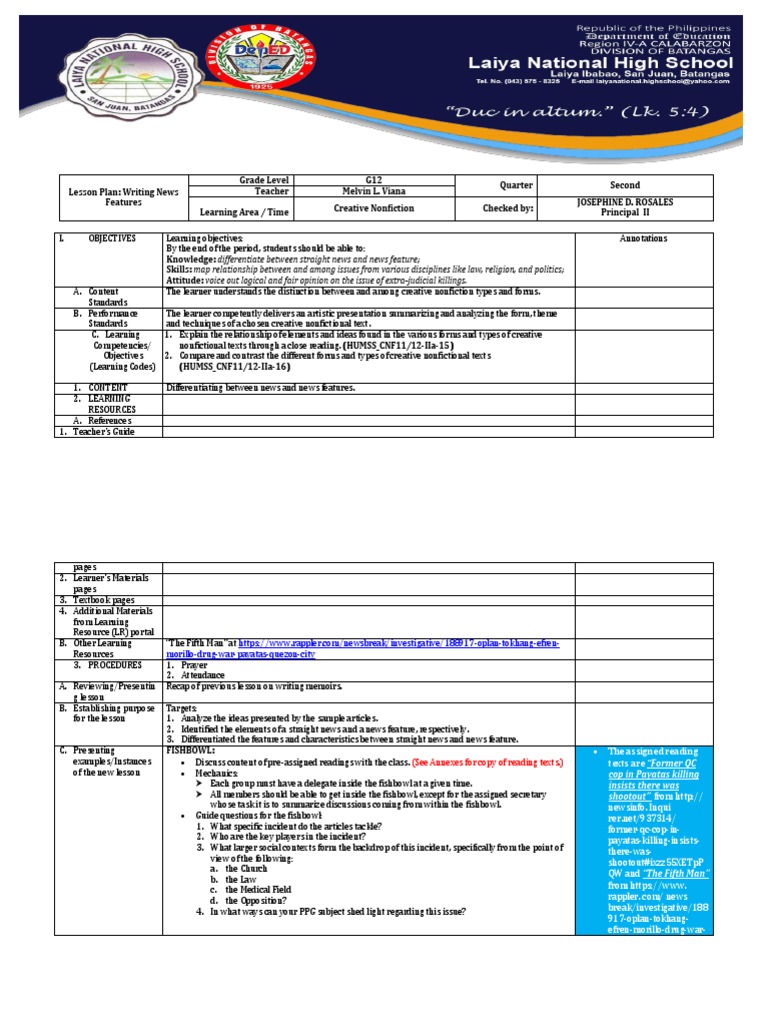 News Writing Lesson Plan for G12 | PDF | Lesson Plan | Learning
