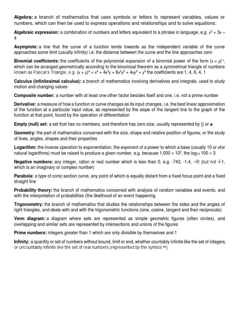 An Overview of Key Mathematical Concepts and Their Definitions | PDF ...