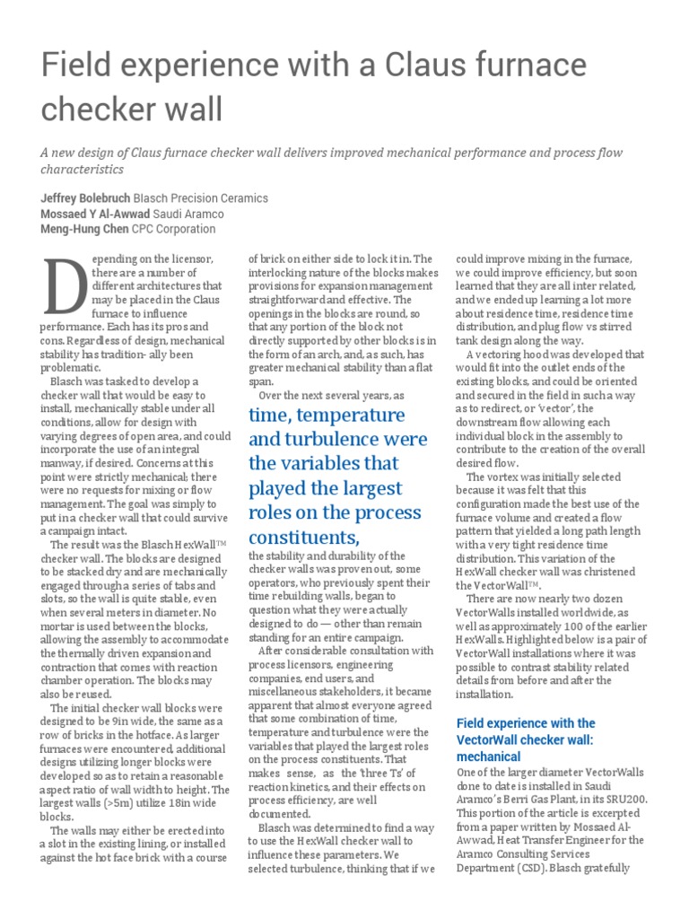 Field Experience With The Blasch VectorWall Reaction Furnace Checkerwall PTQ Q1 2014 | PDF ...