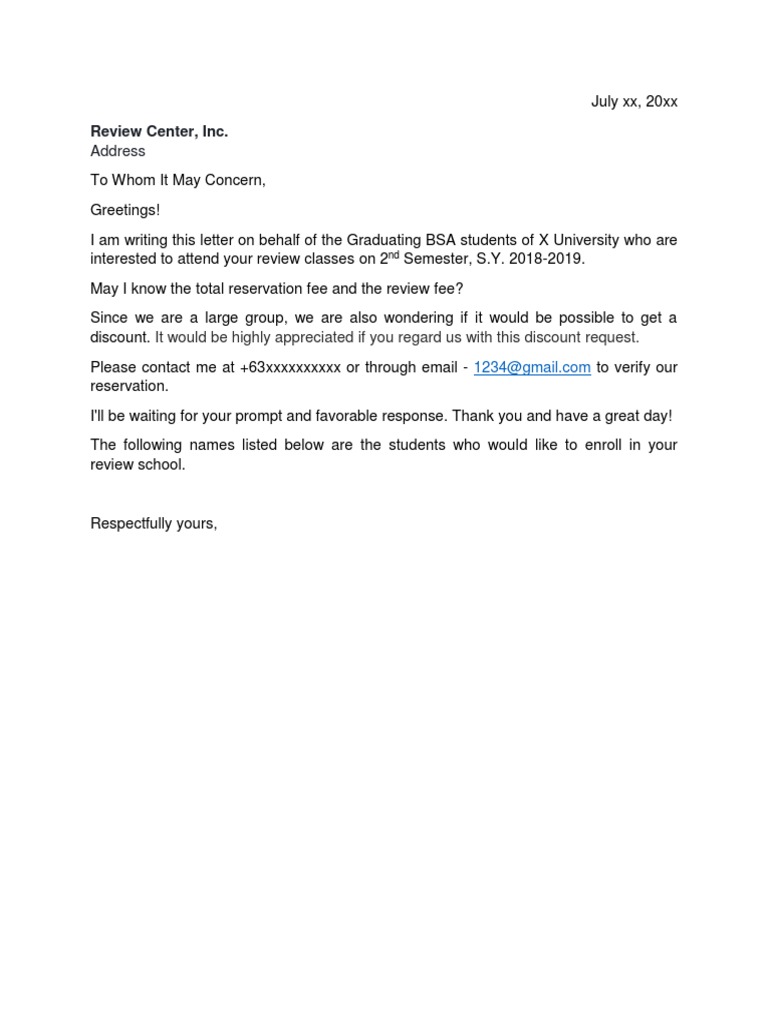 Sample Letter of Reservation To Review Centers | PDF | Career & Growth