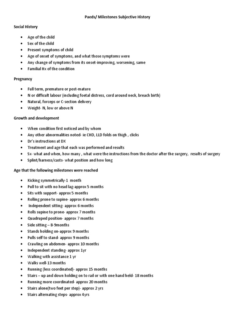 Paeds/ Milestones Subjective History Social History | PDF