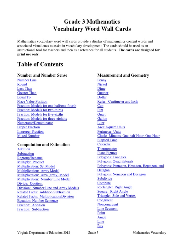 Grade 3 Mathematics Vocabulary Word Wall Cards: Number and Number Sense ...