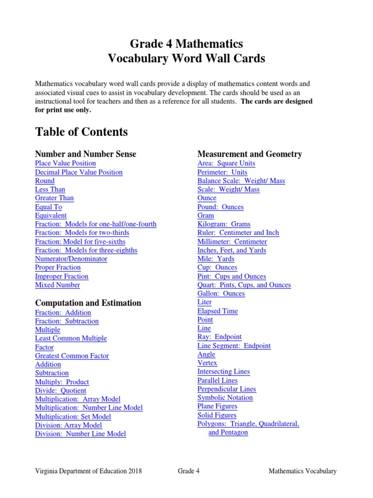 4th Grade Math Vocabulary Cards | PDF | Fraction (Mathematics) | Rectangle