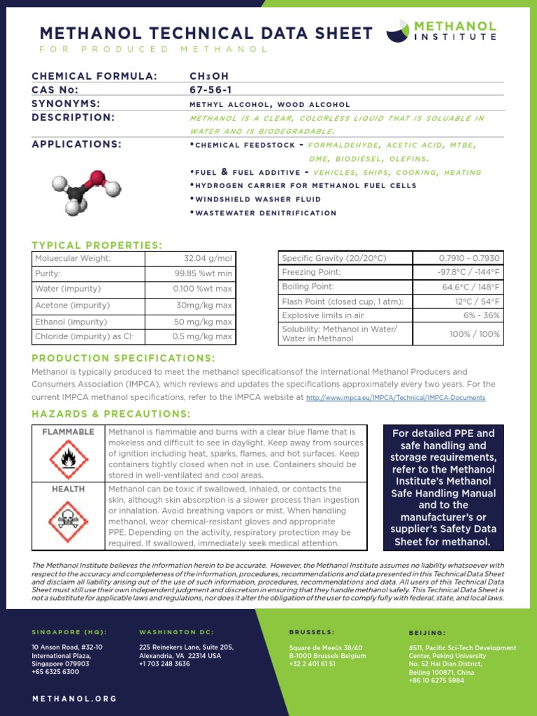Methanol Technical Data Sheet PDF | PDF | Methanol | Hydrogen