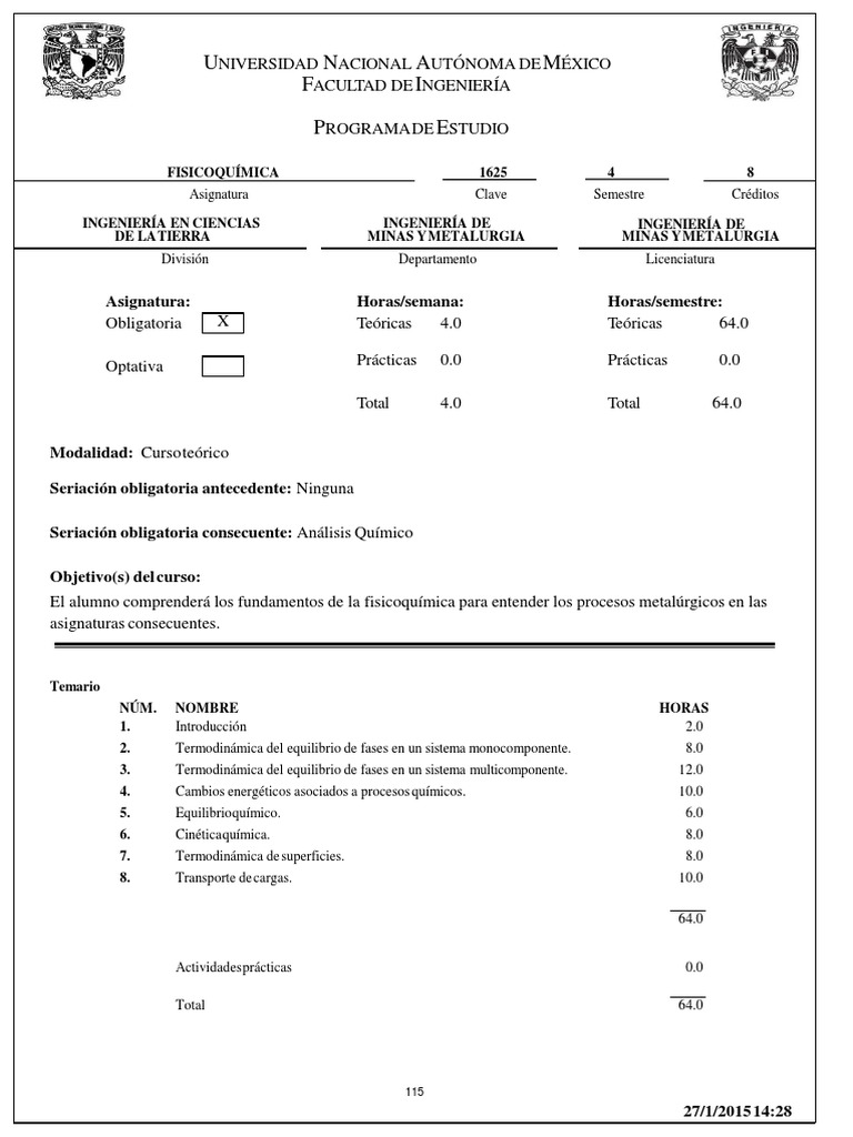 Temario Fisicoquimica Fi Unam | PDF | Equilibrio químico | Calor
