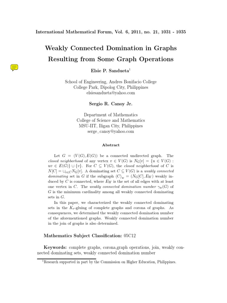Weakly Connected Domination in Graphs Resulting From Some Graph Operations | PDF | Graph Theory ...