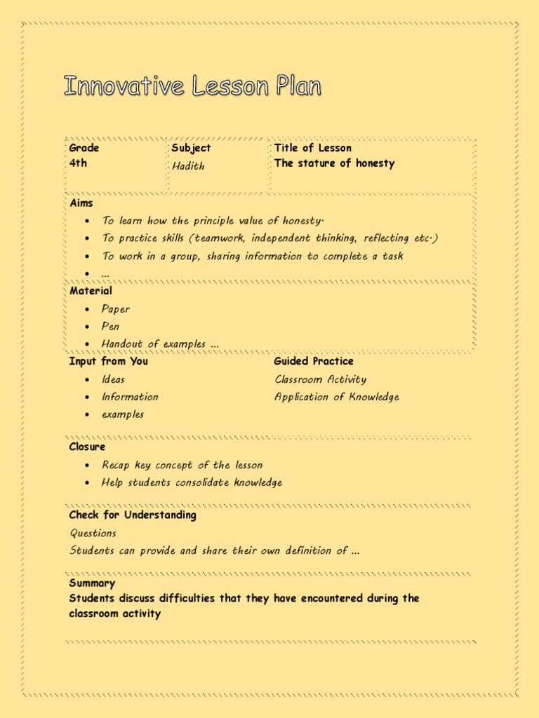 Grade 4th Subject Title of Lesson The Stature of Honesty Aims | PDF