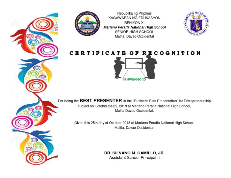 Certificate of Recognition: Best Presenter | PDF