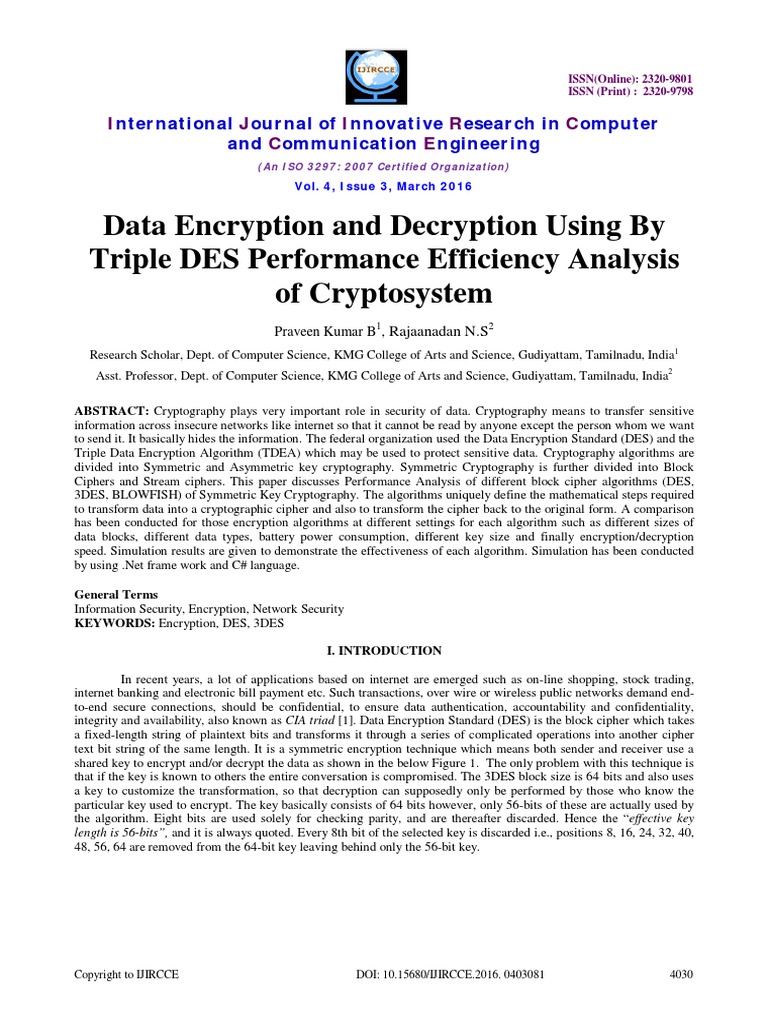 Data Encryption And Decryption Using By Triple Des Performance Efficiency Analysis Of 