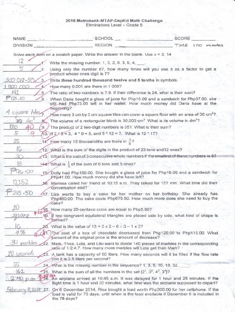 2015 Metrobank-MTAP-DepEd Math Challenge Elimination Grade 5 PDF | PDF