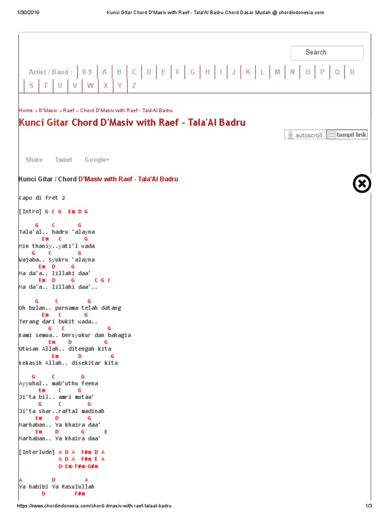 Kunci Gitar Chord D'Masiv With Raef - Tala'Al Badru Chord Dasar Mudah ...
