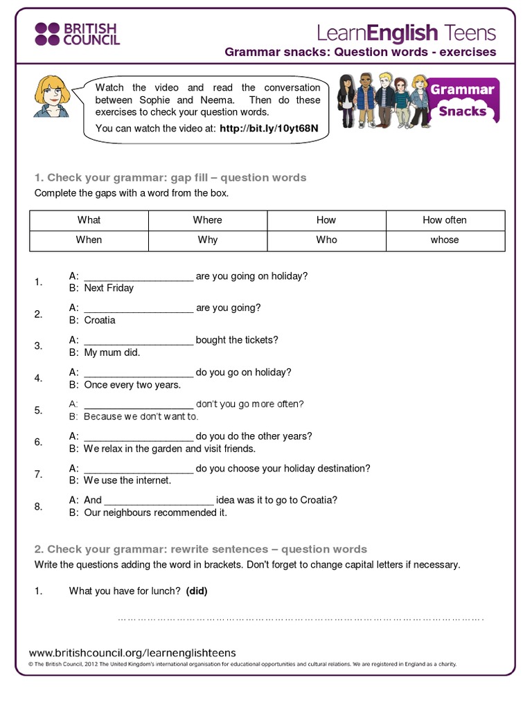 Grammar Snacks: Question Words - Exercises | PDF | Human Communication ...