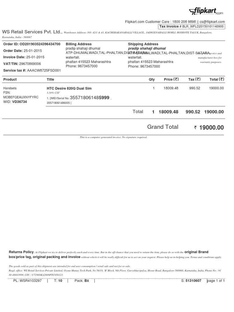 WS Retail Services Pvt. LTD.,: Grand Total | PDF | Telecommunications ...