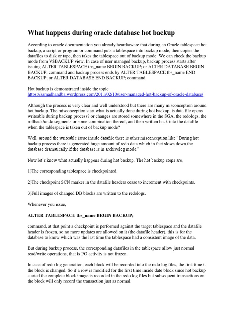 What Happens During Oracle Database Hot Backup: Alter Tablespace Tbs ...