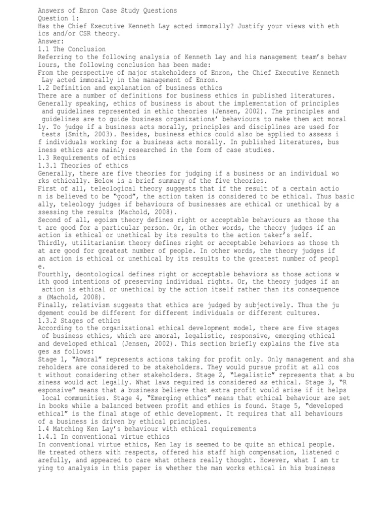 Enron Case Study: Ethics & CSR Analysis | PDF | Stakeholder (Corporate ...