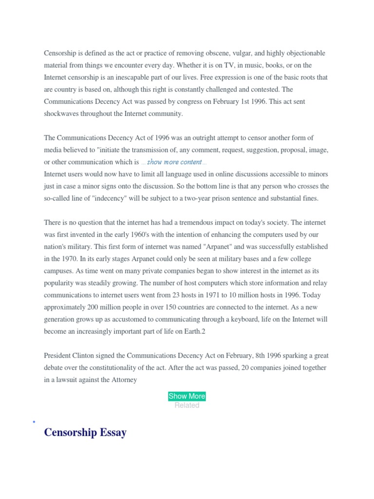 Censorship Essay: Show More Content | PDF | Censorship | First ...