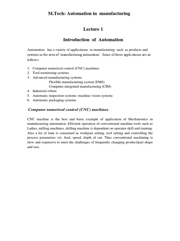 M.Tech: Automation in Manufacturing: Computer Numerical Control (CNC ...