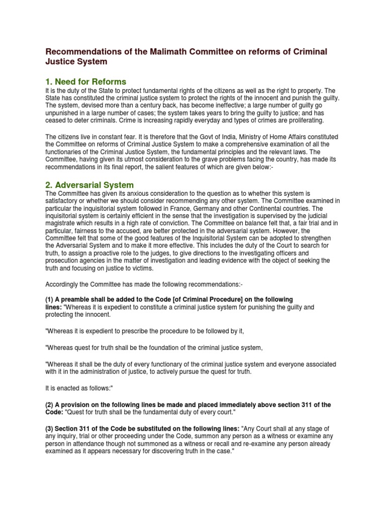 Recommendations of The Malimath Committee On Reforms of Criminal ...