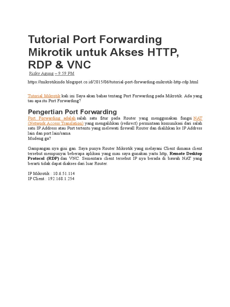 Tutorial Port Forwarding Mikrotik Untuk Akses HTTP | PDF