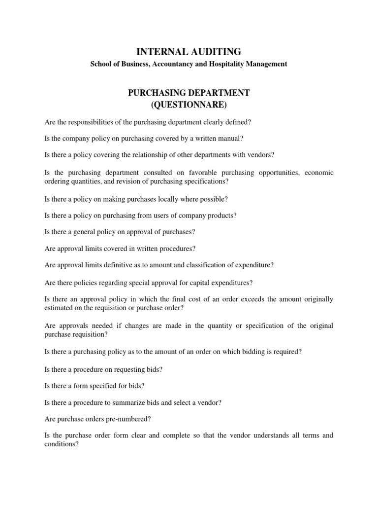 Internal Auditing: Purchasing Department (Questionnare) | PDF ...