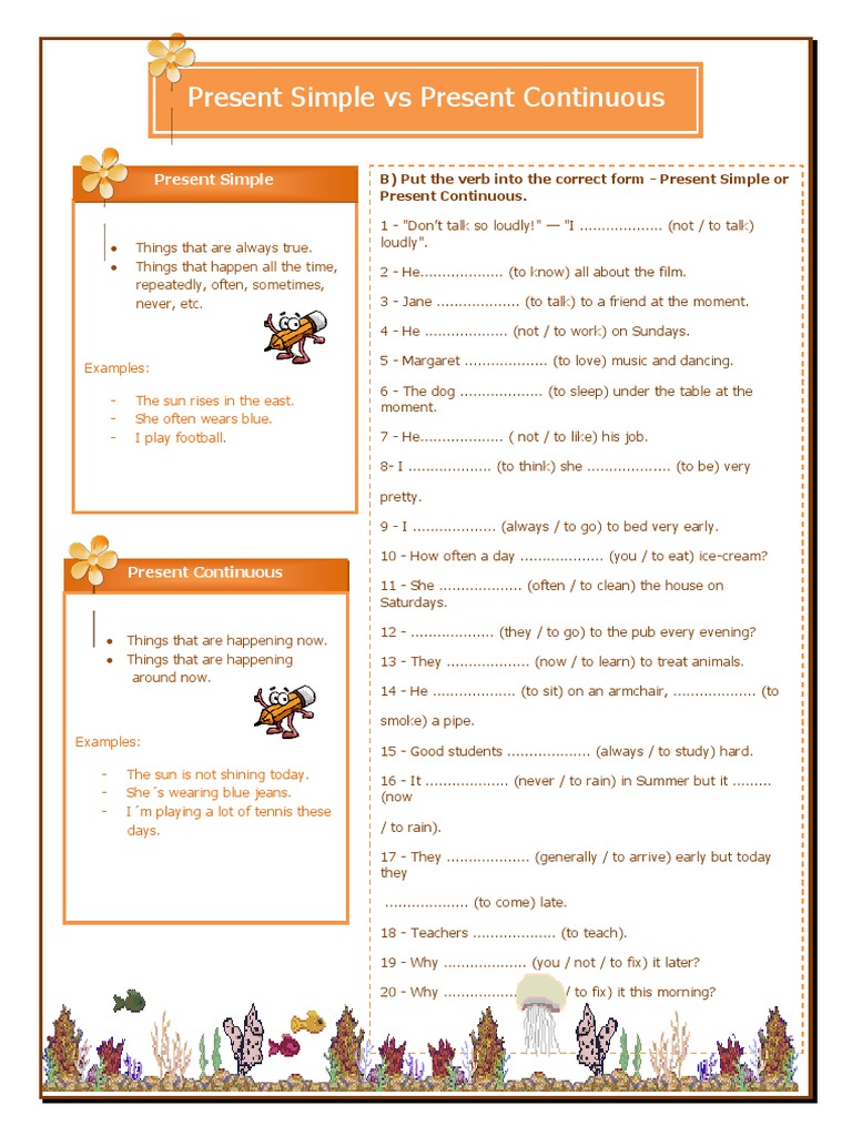Present - Simple Vs Continuous Kids PDF | PDF