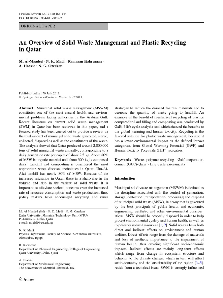 An Overview of Solid Waste Management and Plastic Recycling in Qatar ...