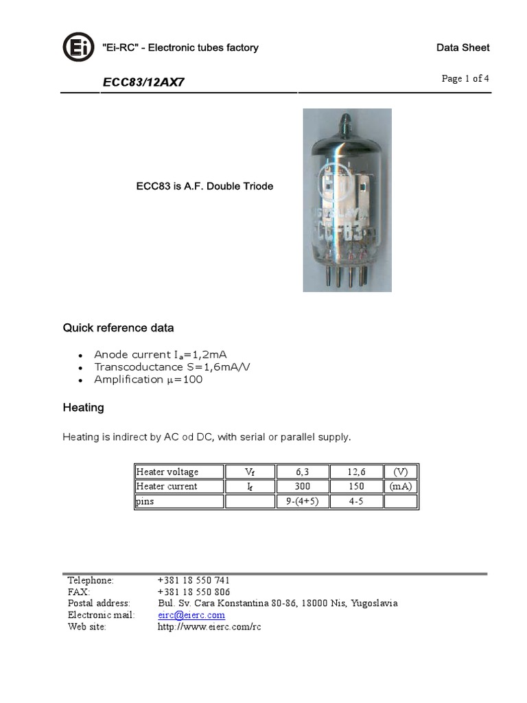 ECC83/12AX7: Quick Reference Data | PDF | Vacuum Tube | Electronics