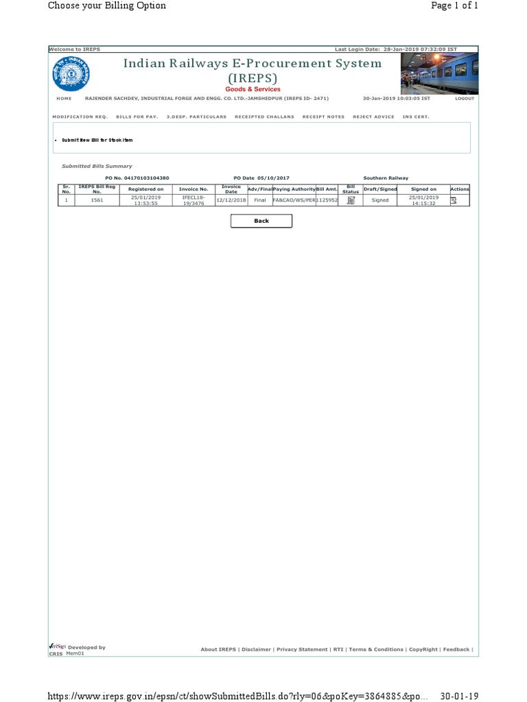 Indian Railways E-Procurement System (Ireps) : - Submit New Bill For ...