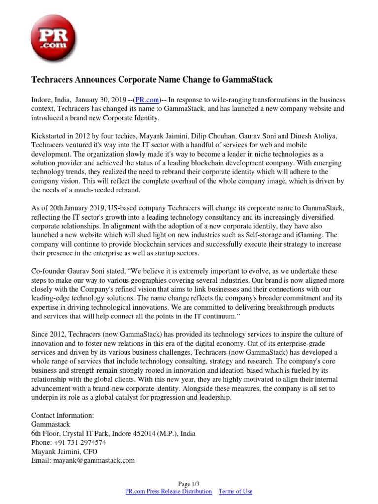 Techracers Rebrands as GammaStack | PDF | Innovation | Business