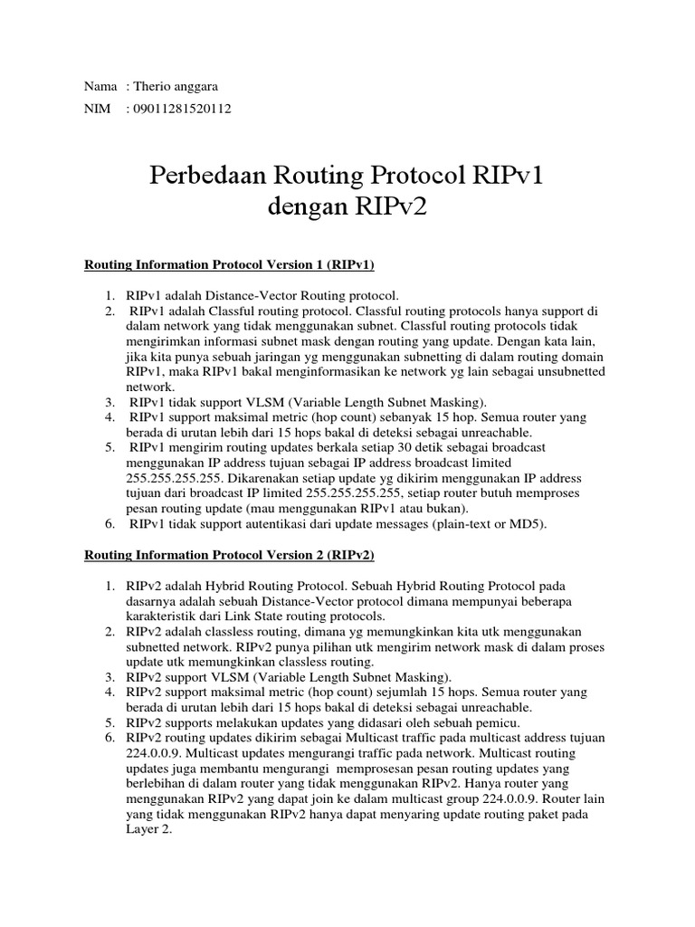 Perbedaan RIPv1 Dan RIPv2 | PDF
