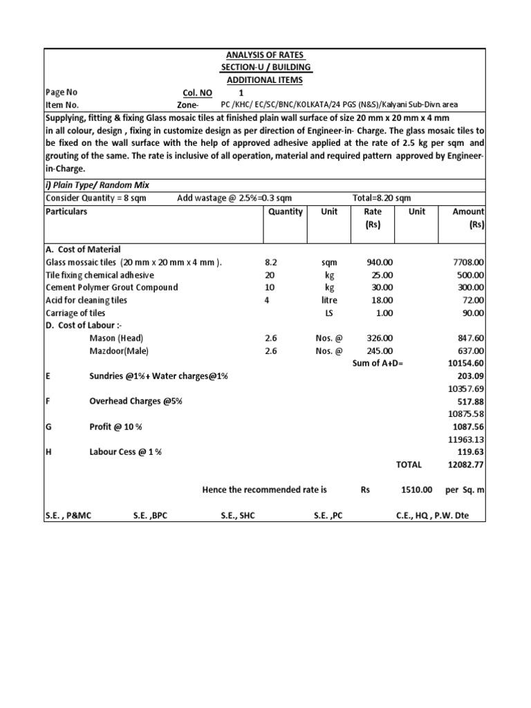 Glass Mosaic Rate Analysis | PDF | Tile | Wall