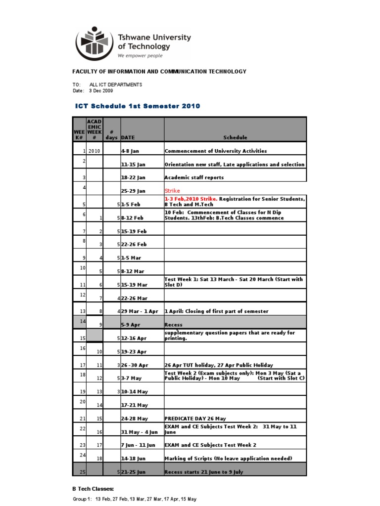 ICT Schedule Semester 1 V2 - 2010 | PDF | Academic Term | Career And ...