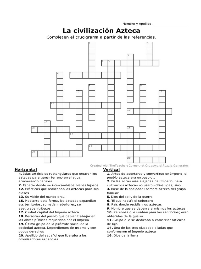 La Civilización Azteca (Crucigrama) (Actividad) | Agitación