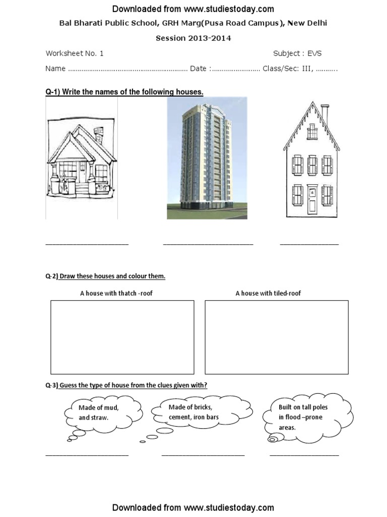 CBSE Class 3 EVS Practice Worksheet | PDF | Building Materials | Building