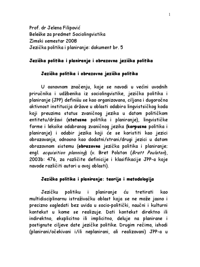 Jelena Filipovic, Jezicka Politika I Planiranje I Obrazovna Jezicka ...