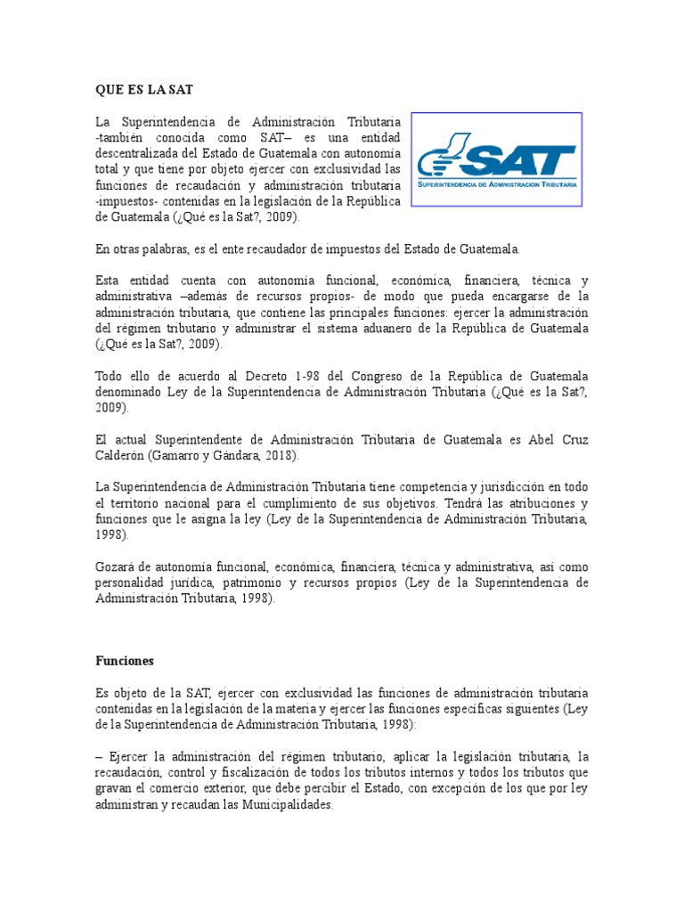 Definición y funciones de la SAT en Guatemala | PDF | Guatemala ...