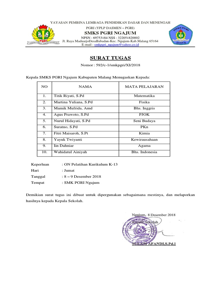 Surat Tugas Pgri | PDF