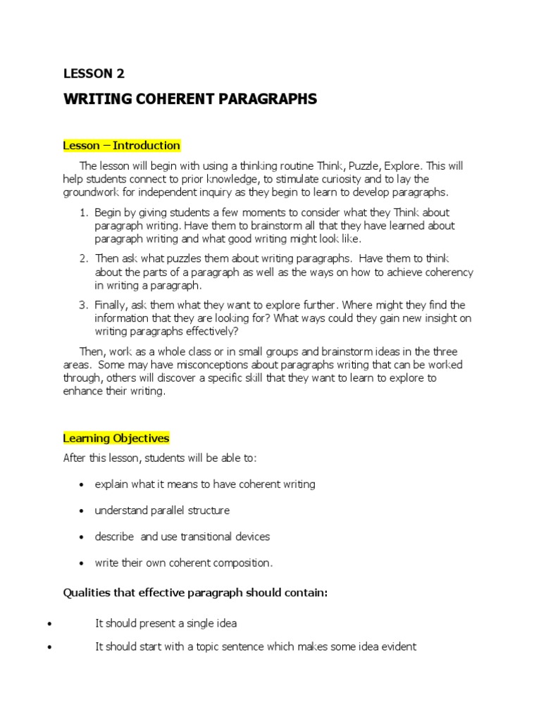 Unit 1.Lesson 2.Writing Coherent Paragraphs | Phrase | Verb