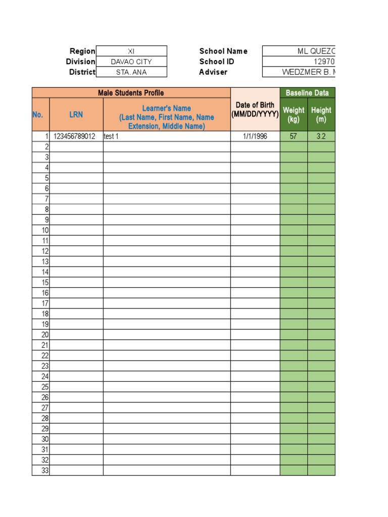 School Form 8 SF8 Learners Basic Health Nutritional Report | Body Mass ...