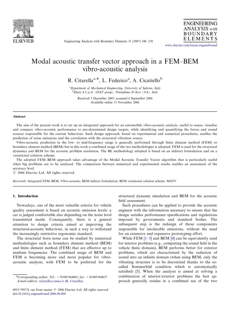2007 - Modal Acoustic Transfer Vector Approach in A FEM BEM Vibroacoustic Analysis | PDF ...