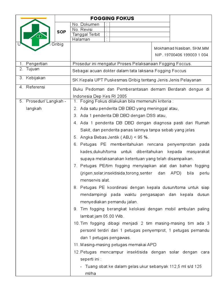 SOP Fogging Fokus Puskesmas | PDF | Sains & Matematika