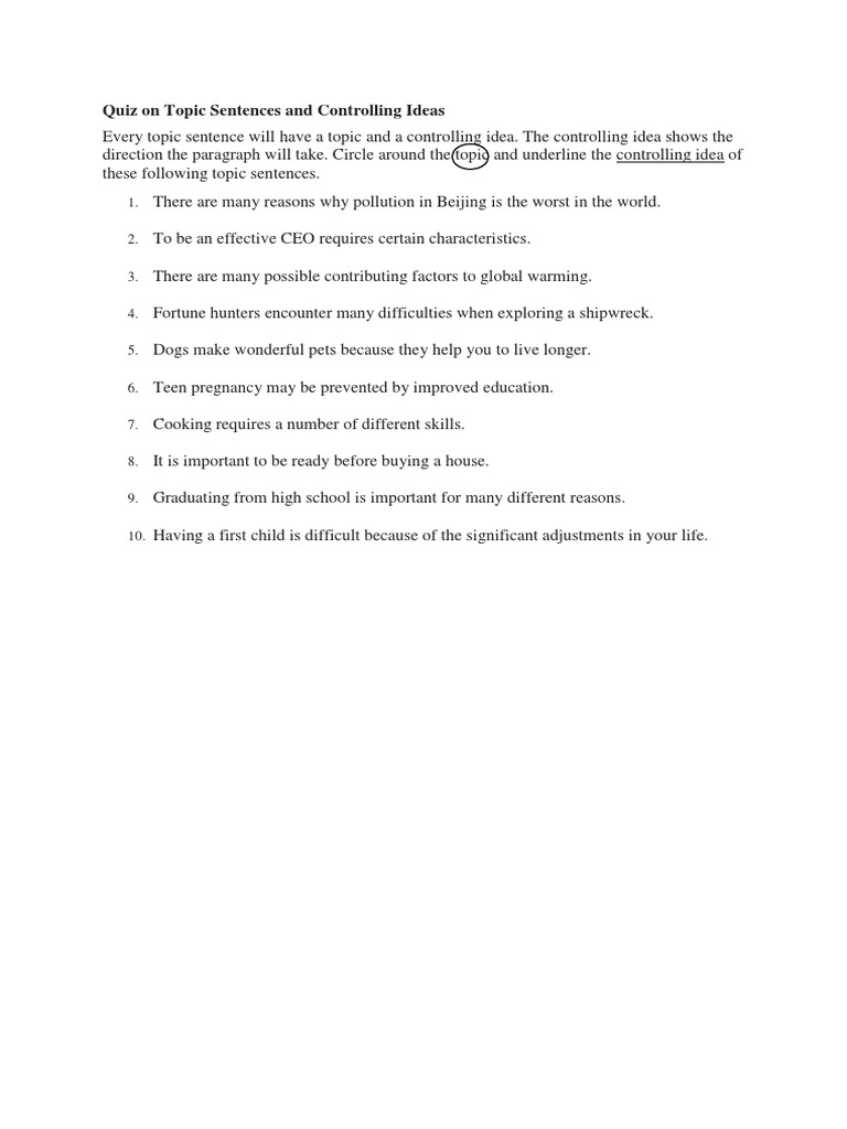 Quiz On Topic Sentences and Controlling Ideas | PDF