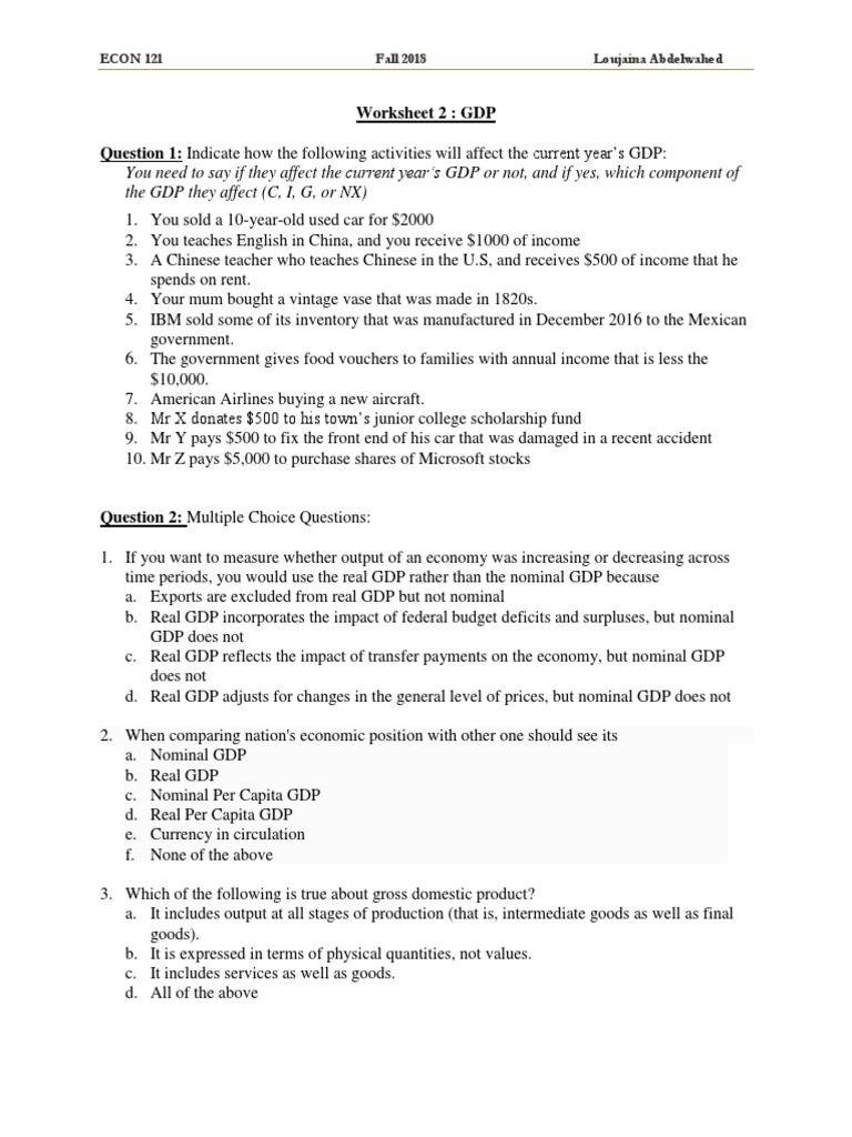 Worksheet GDP | PDF | Gross Domestic Product | Macroeconomics