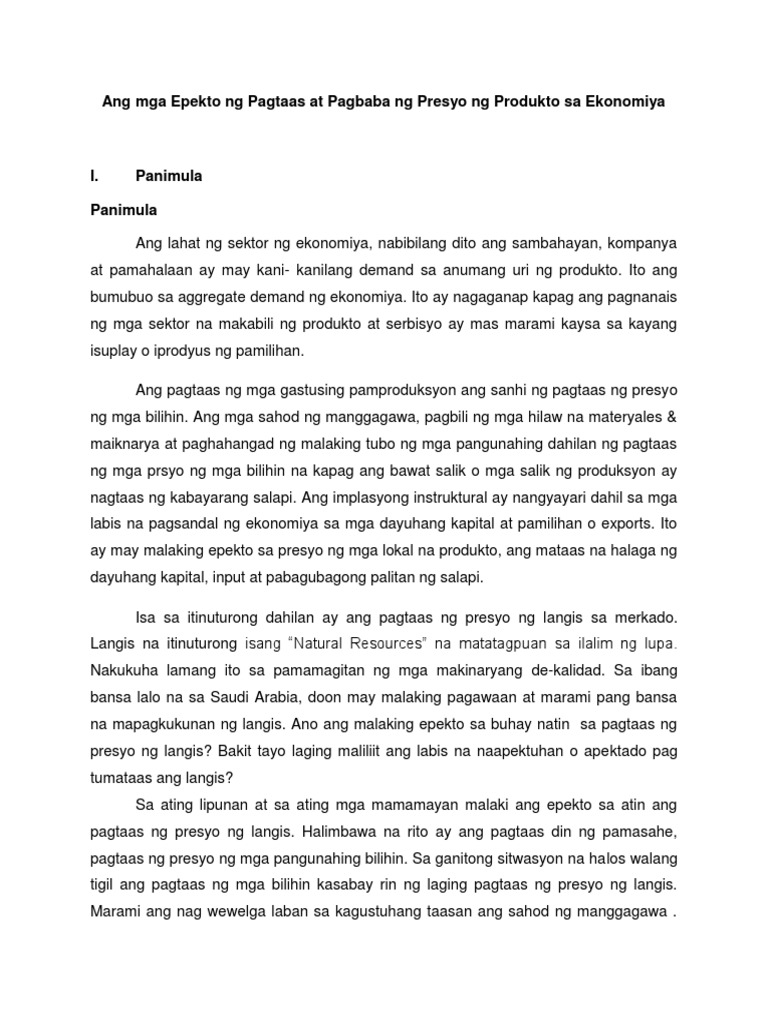 Ang Mga Epekto NG Pagtaas at Pagbaba NG Presyo NG Produkto Sa Ekonomiya
