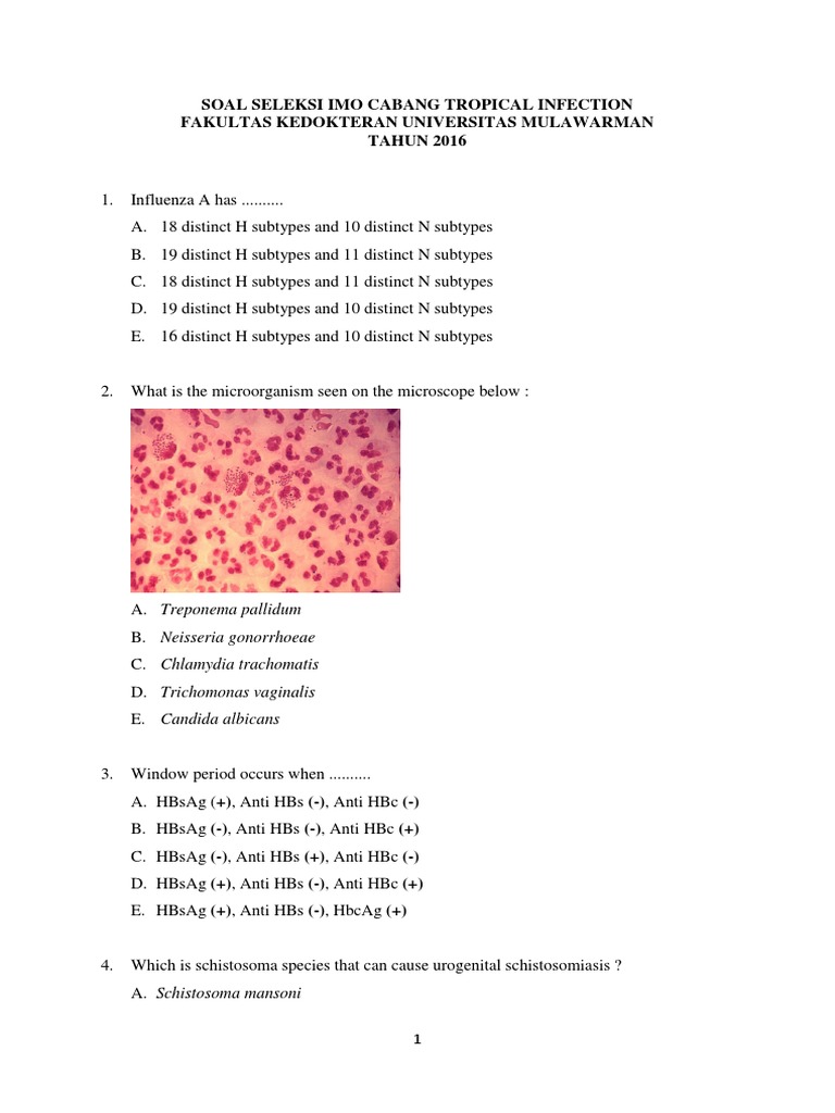 Soal MCQ IMO Tropical Infection Tahap 1 | PDF | Rtt | Health Sciences