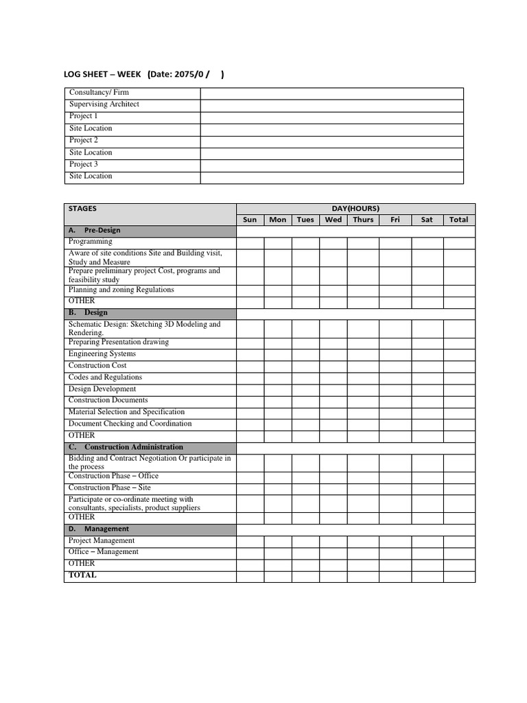 LOG SHEET - WEEK (Date: 2075/0 /) : Stages Day (Hours) Sun Mon Tues Wed ...