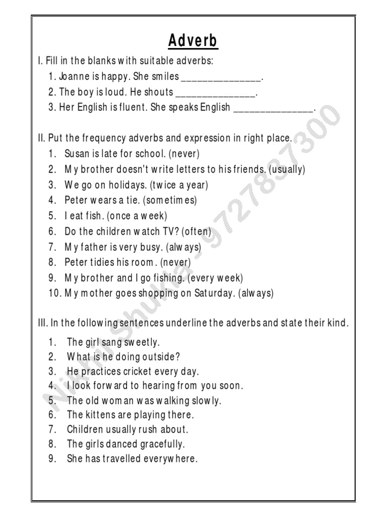 Worksheet On Adverb | PDF
