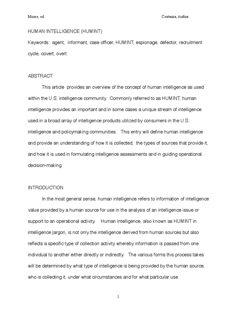 HUMINT Overview: US Intelligence Use | PDF | Counterintelligence ...