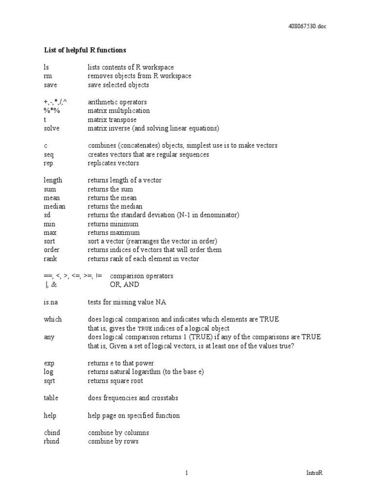 List of Helpful R Functions | PDF | Matrix (Mathematics) | Vector Space